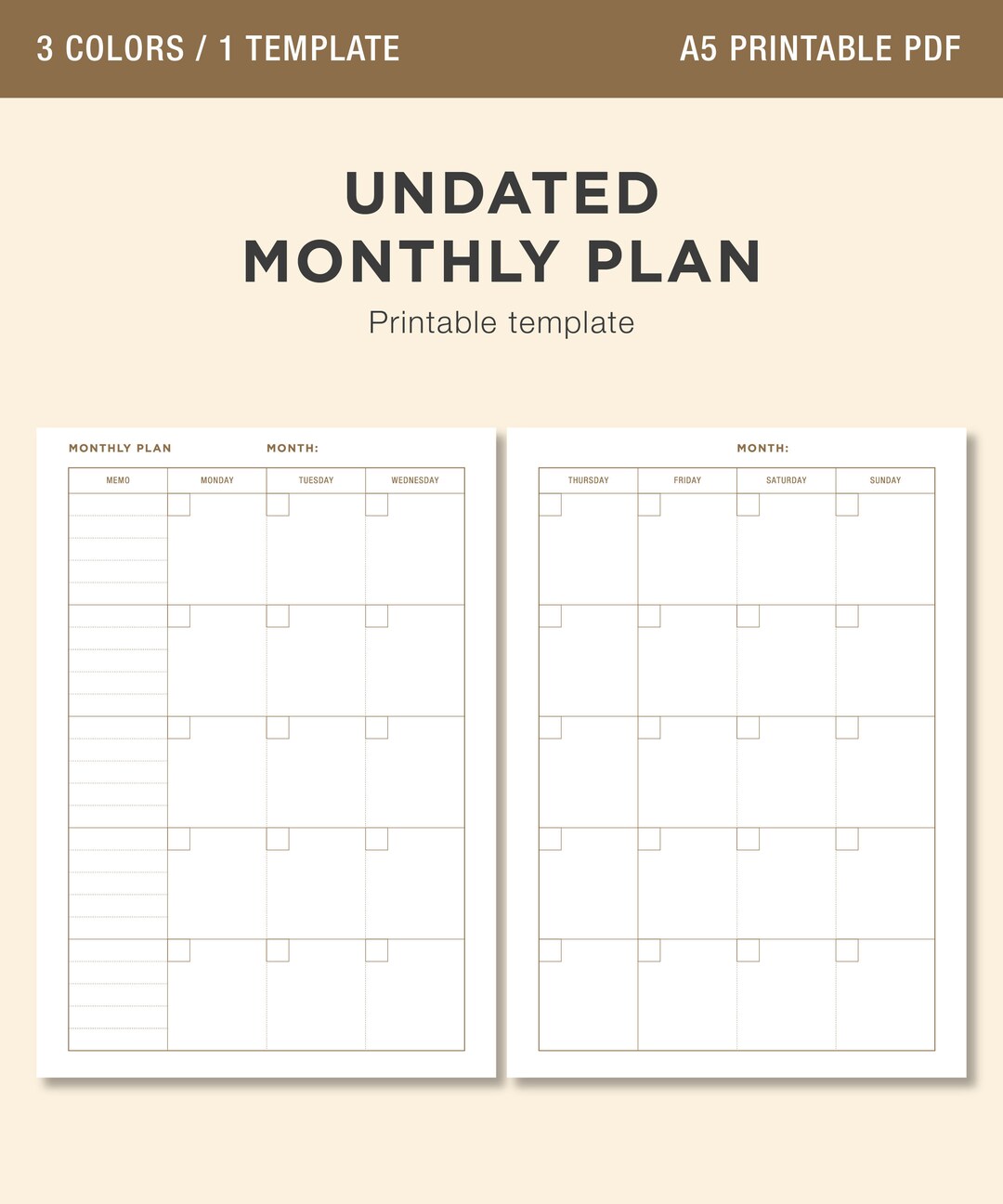 Undated Monthly Plan Printable, Month on 2 Pages, Two Page Planner ...