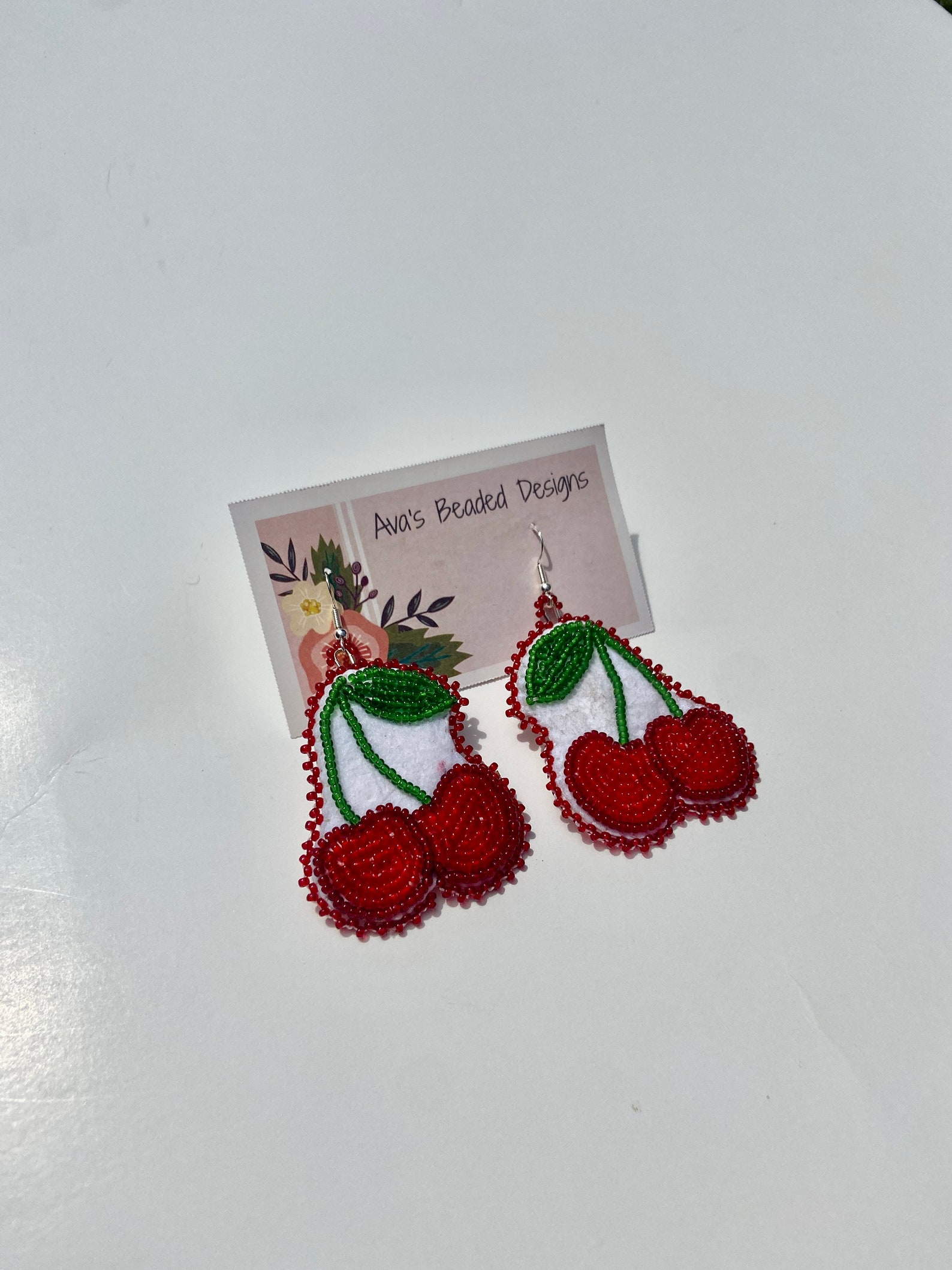 Beaded Cherry Earrings - Etsy