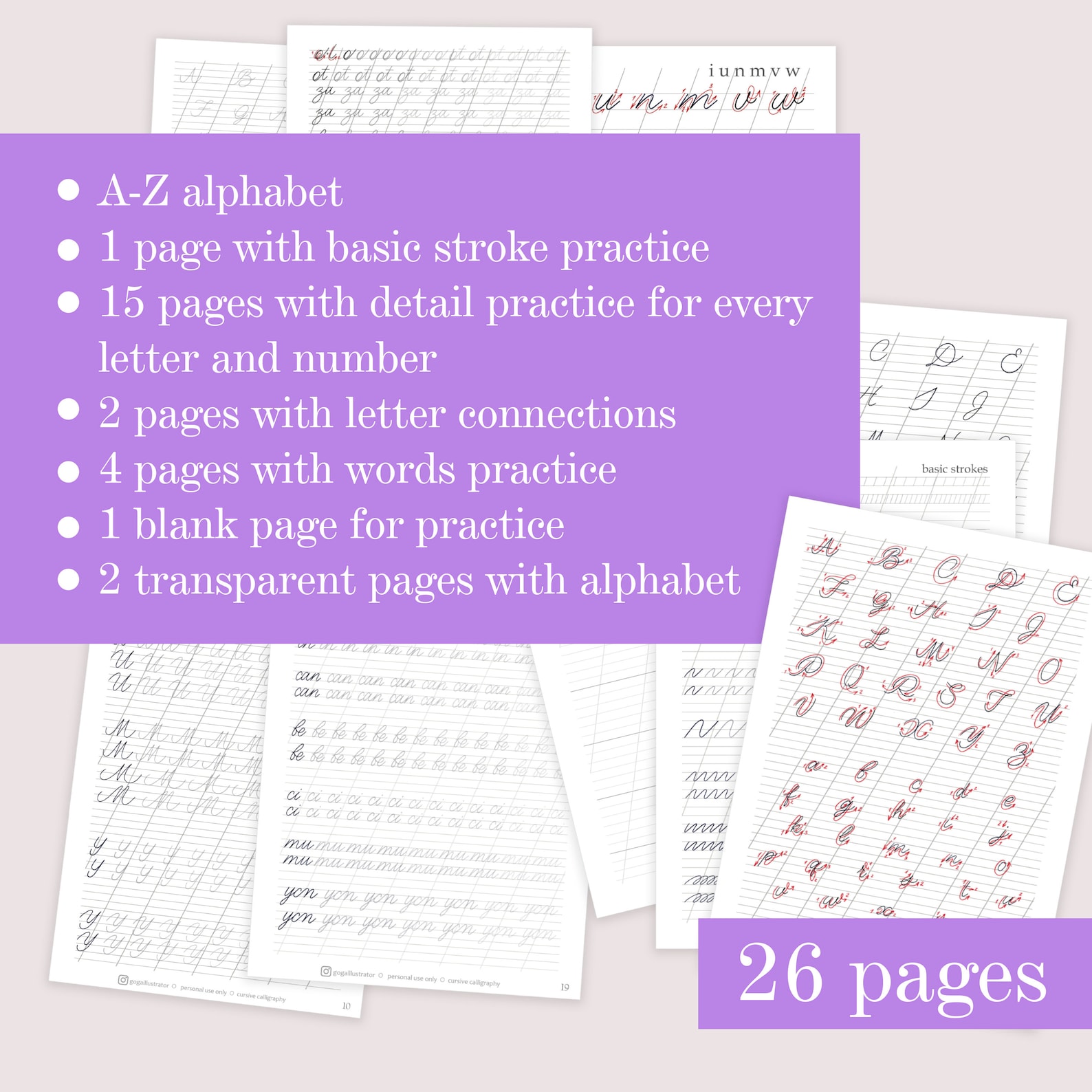 Monoline Cursive Latin Alphabet Calligraphy Practice Sheets, Print and ...