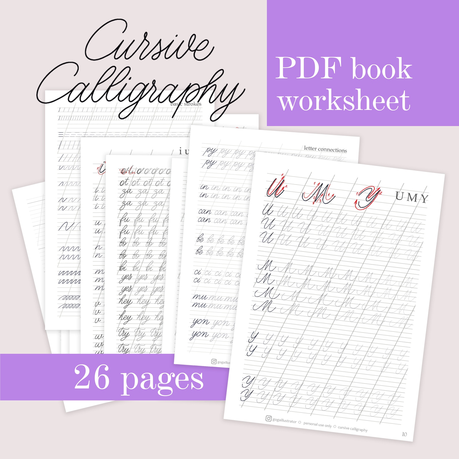 Monoline Cursive Latin Alphabet Calligraphy Practice Sheets, Print and ...