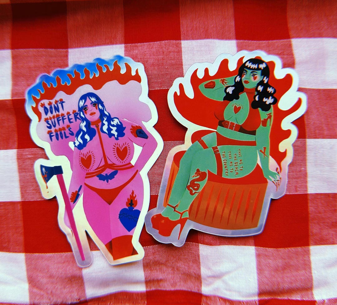 Pair of Holographic Illustrated Vinyl Pin-up Stickers X2 by Artist Lola ...