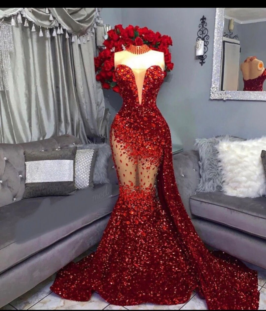 Red Sequin Mermaid Prom Dress, Full Length Bridal Gown Wedding Party ...