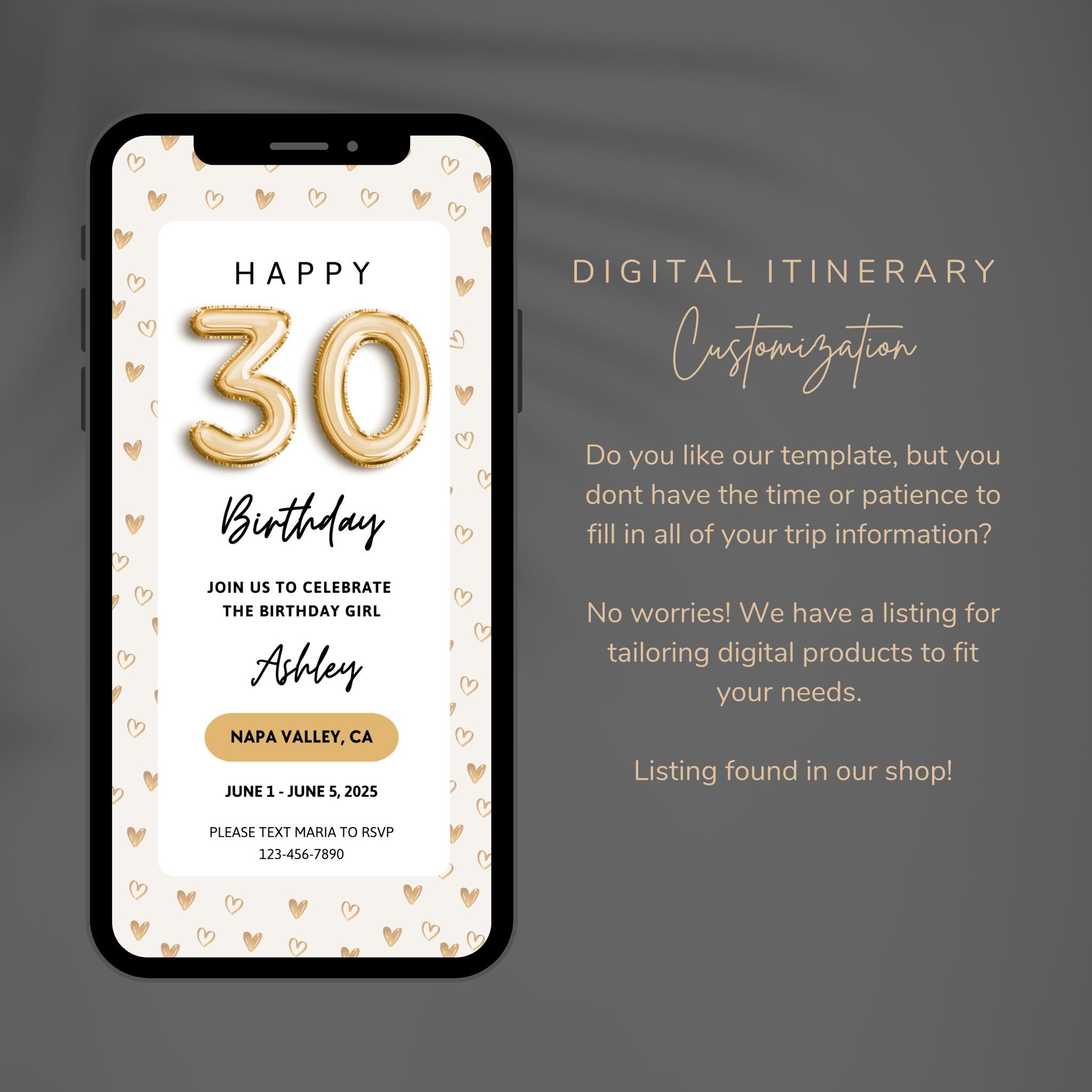 30th Birthday Digital Travel Itinerary | Gold Heart & Balloon Birthday ...