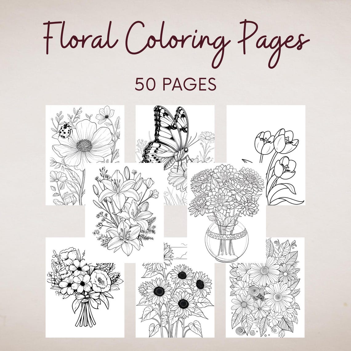 Printable Floral Coloring Book 50 Unique Flower Designs Digital ...