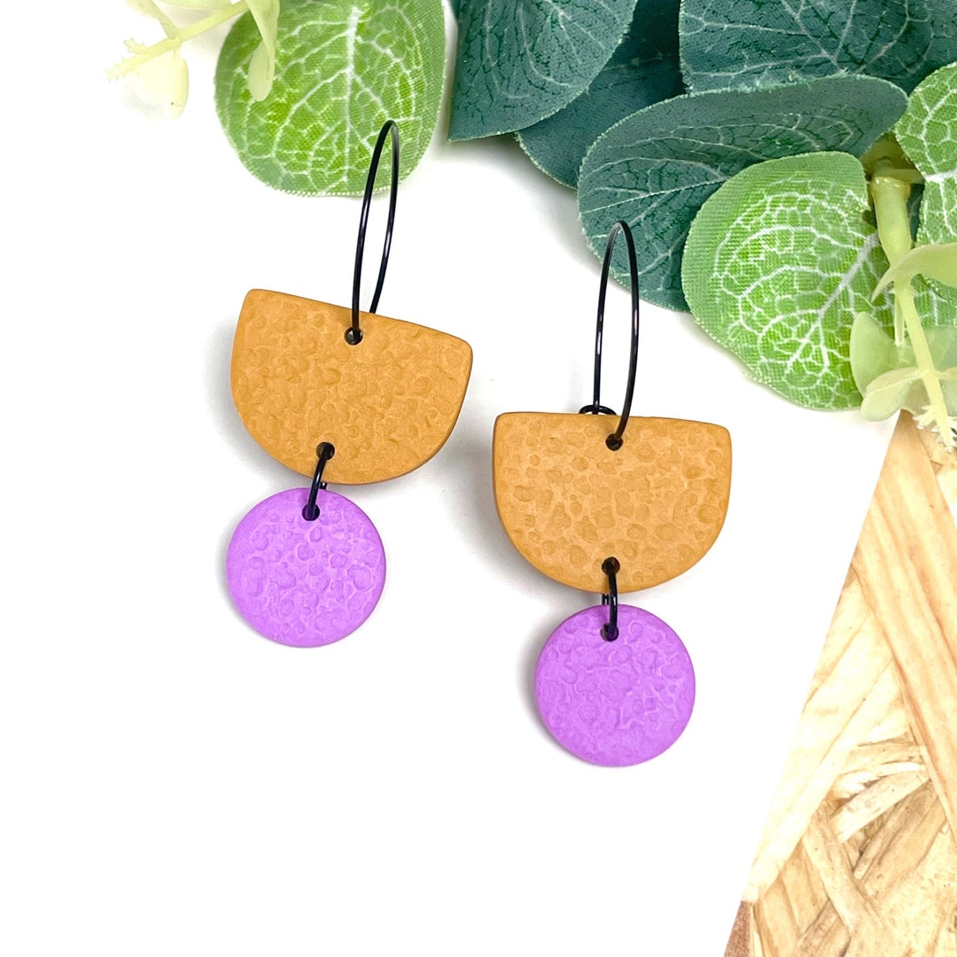 Mustard Yellow & Lilac Colour Block Polymer Clay Hoop Earrings ...
