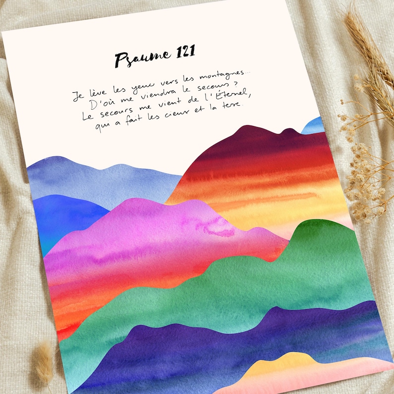 Psalm 121 French Bible Verse Print: Colorful Watercolor Mountains ...