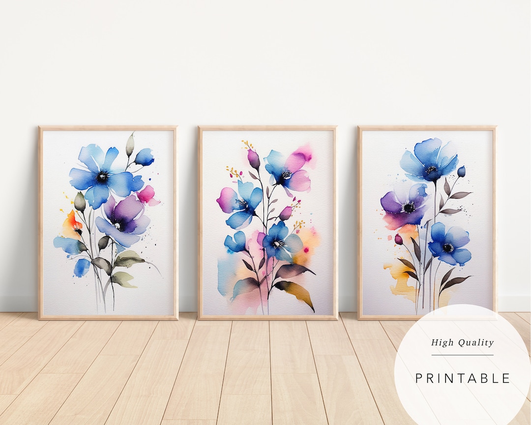 Blue Watercolor Flowers Set of 3 Watercolor Flowers Bright - Etsy