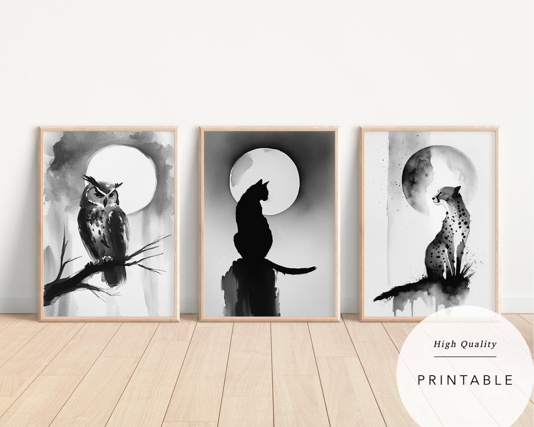 15 Watercolor BW Animals and Moon, Watercolor Black and White ...
