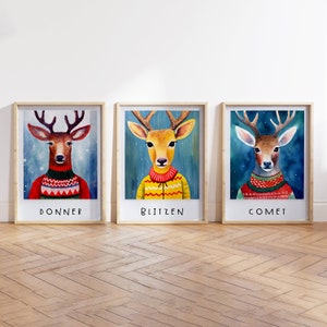 9 Santa Claus Reindeer, Christmas Prints Nursery Watercolor Artwork ...