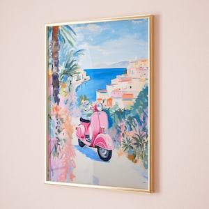 Pastel Vespa Painting, Amalfi Coast Wall Art, Italian Pink Coastal ...