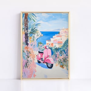 Pastel Vespa Painting, Amalfi Coast Wall Art, Italian Pink Coastal ...