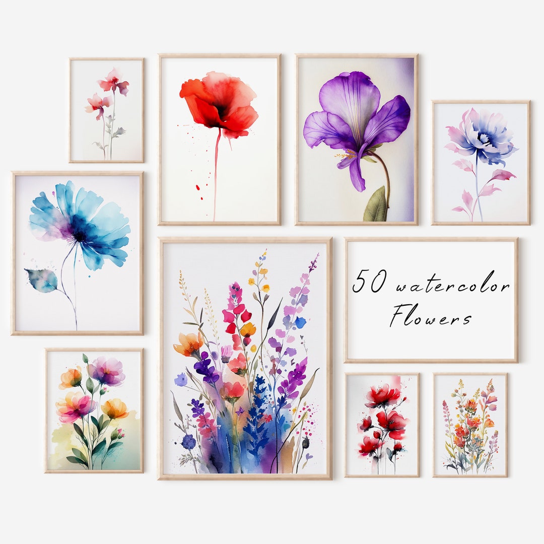 50 aquarelles de fleurs, aquarelles de fleurs, impressions florales ...