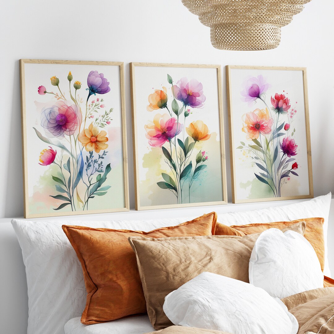 Colorful Watercolor Flowers, Set of 5, Watercolor Flowers, Bright ...