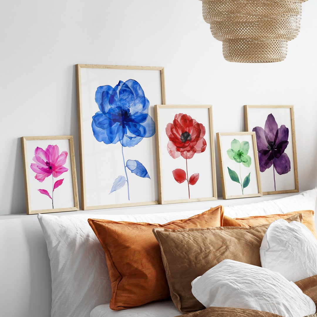 Colorful Flower Art, Set of 5, Watercolor Flowers, Bright Floral Prints ...