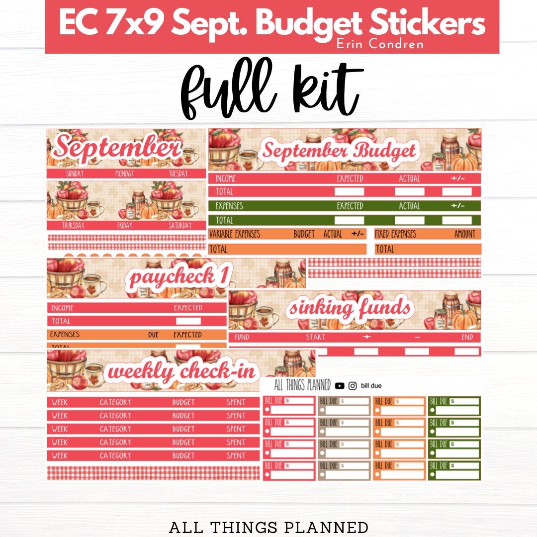 7x9 Sept. apple Cider EC Full Kit Budget Stickers BUNDLE Planner ...
