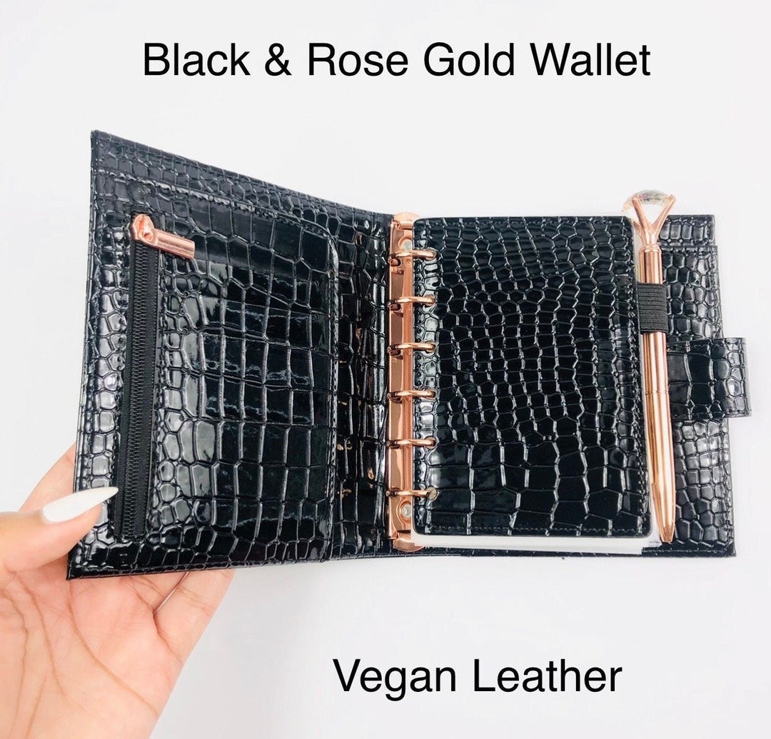A7 Cash Envelope Wallet Black & Rose Gold Croc Vegan Leather A7 Binder ...