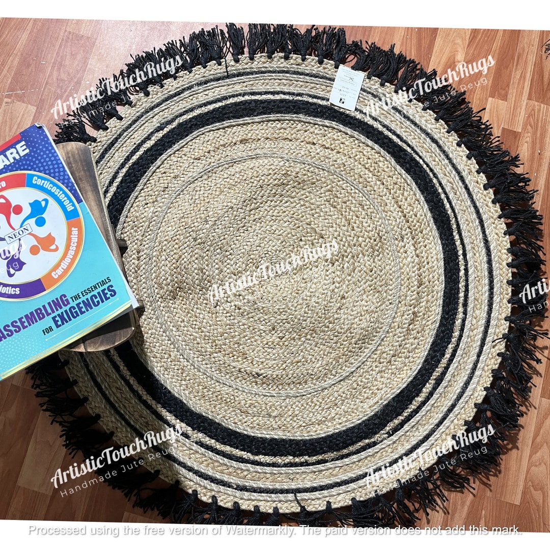 Natural Black Tassel Round Jute Rug Round Jute Rug With - Etsy