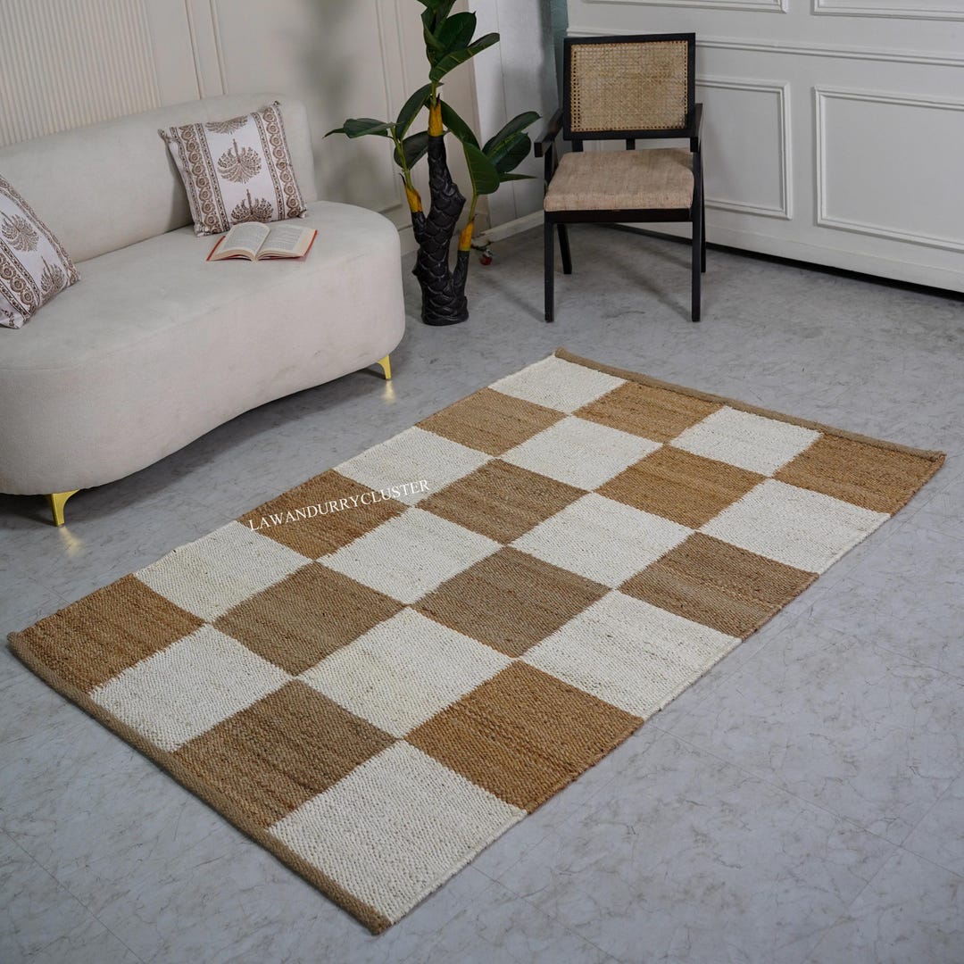 Checkered Jute Rug, Custom Size Runner Rug, Hallway Runner, Boho Jute ...