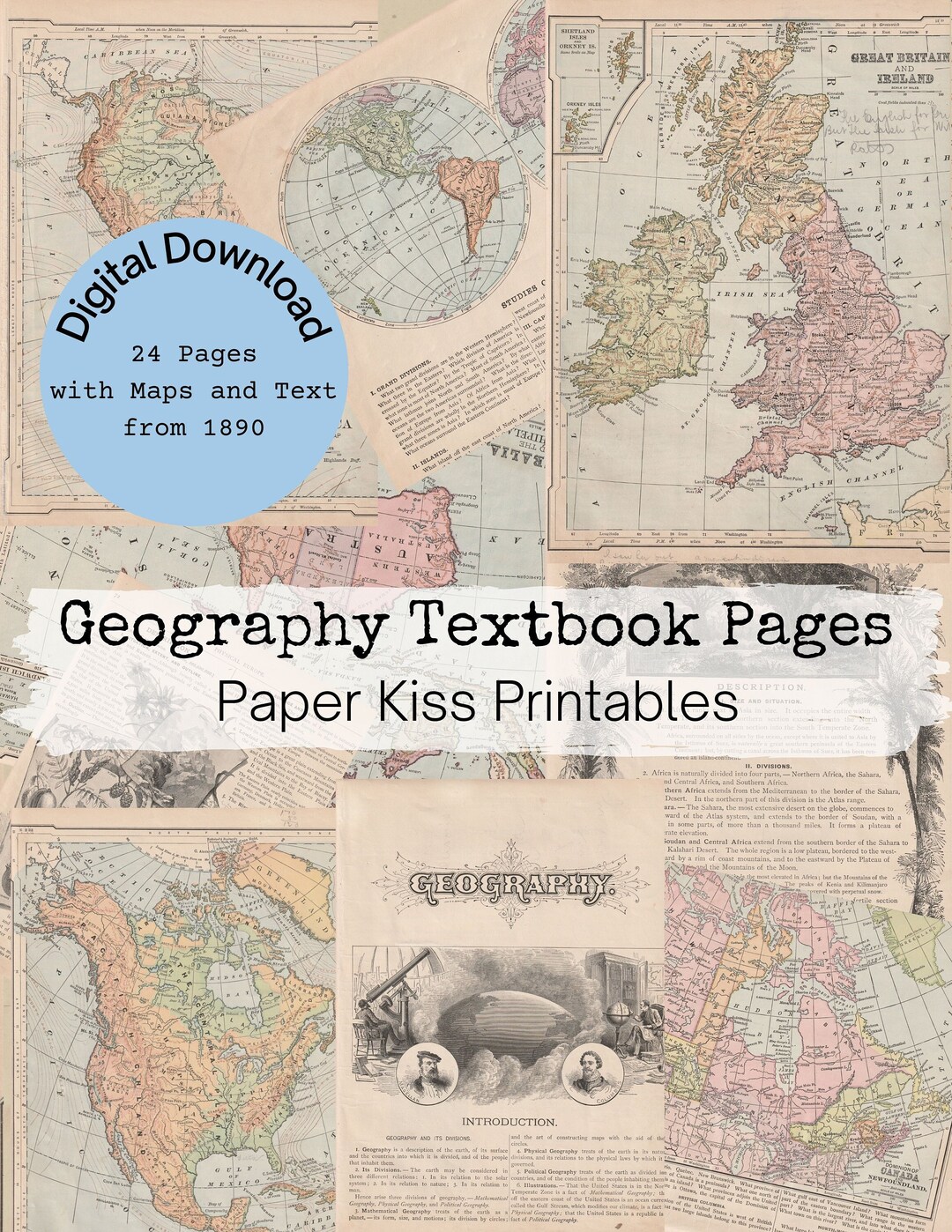 Geography Textbook Pages From 1890 Include Vintage Maps and Text for ...