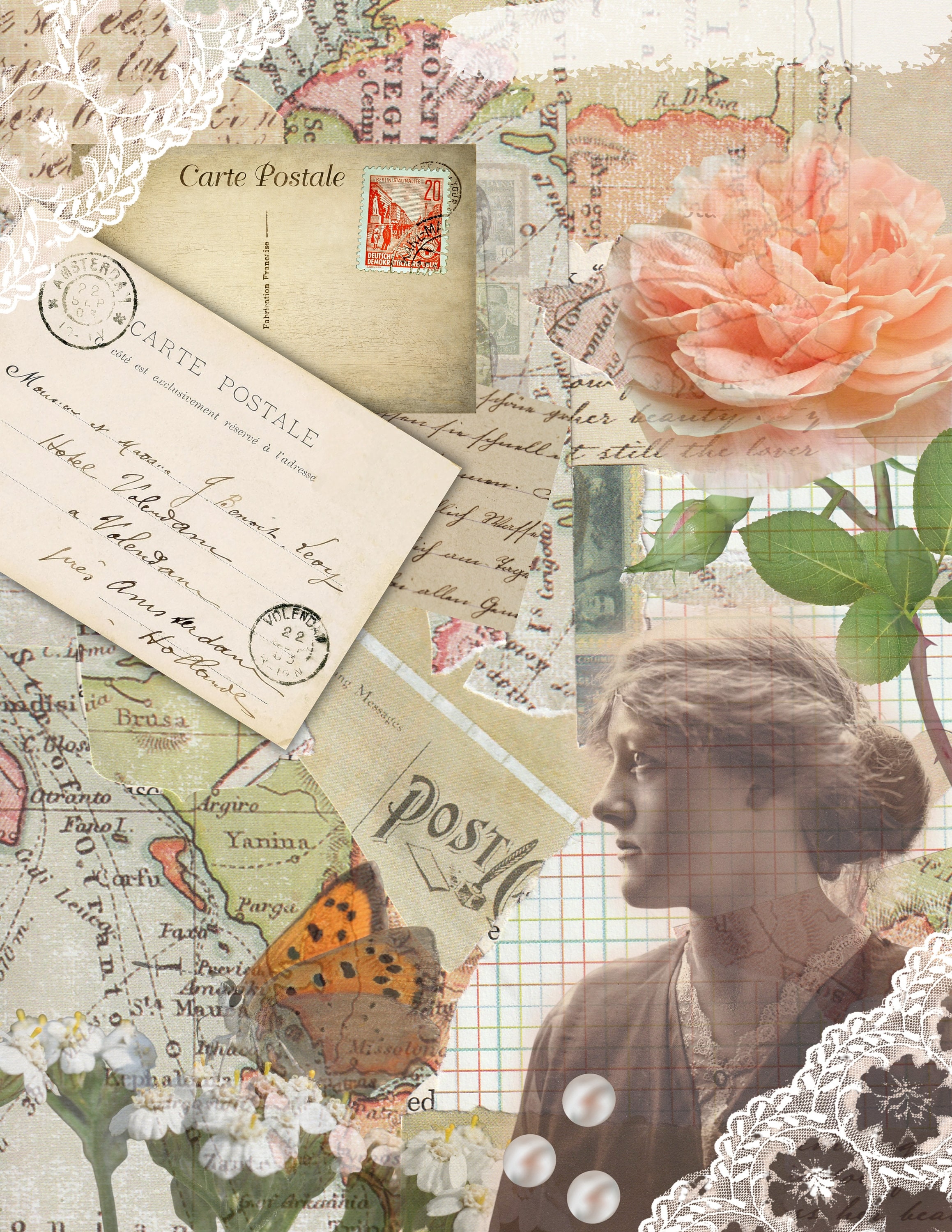 Vintage Digital Paper Collage Sheet Bundle of 5 With Map, Travel, Woman ...