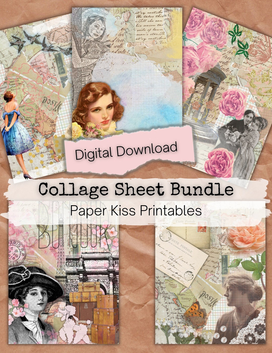 Vintage Digital Paper Collage Sheet Bundle of 5 With Map, Travel, Woman ...