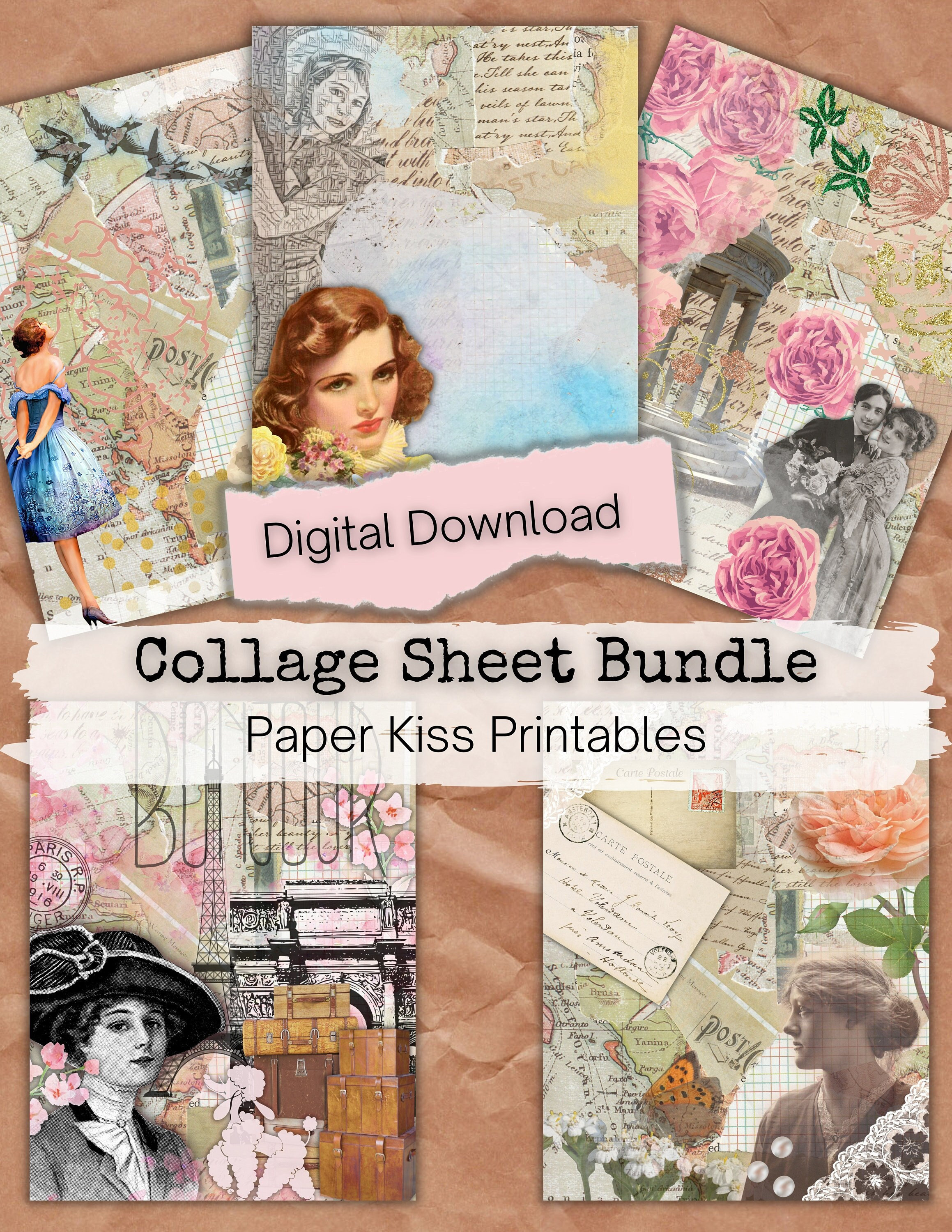 Vintage Digital Paper Collage Sheet Bundle of 5 With Map, Travel, Woman ...