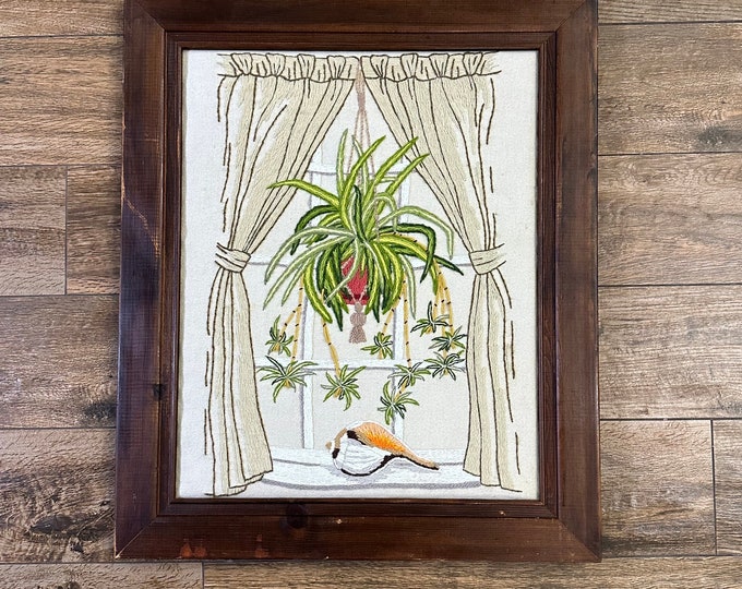 Large 70's Vintage Coastal Palm Beach Style Crewel Embroidery, Large ...