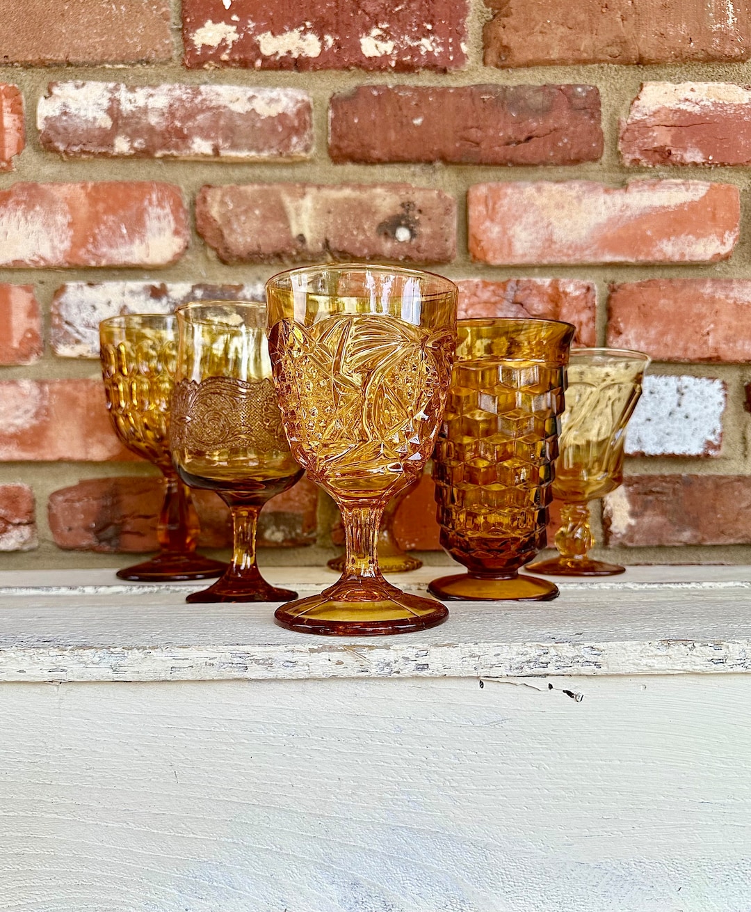 Amber Water Goblets Lot Set of 6 in Amber, Vintage Gold Amber Glasses ...