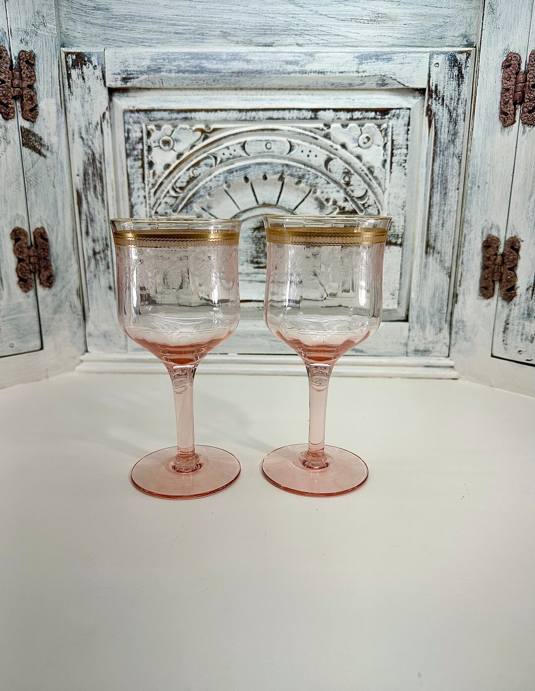 Morgana Pink by Morgantown Goblets, Pair of Pink Vintage Gold Trimed ...