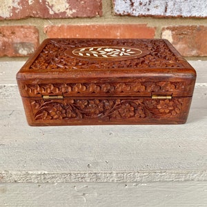 Floral Carved Wood With Bone Inlay Lidded Box, Carved Wood Jewelry Box ...