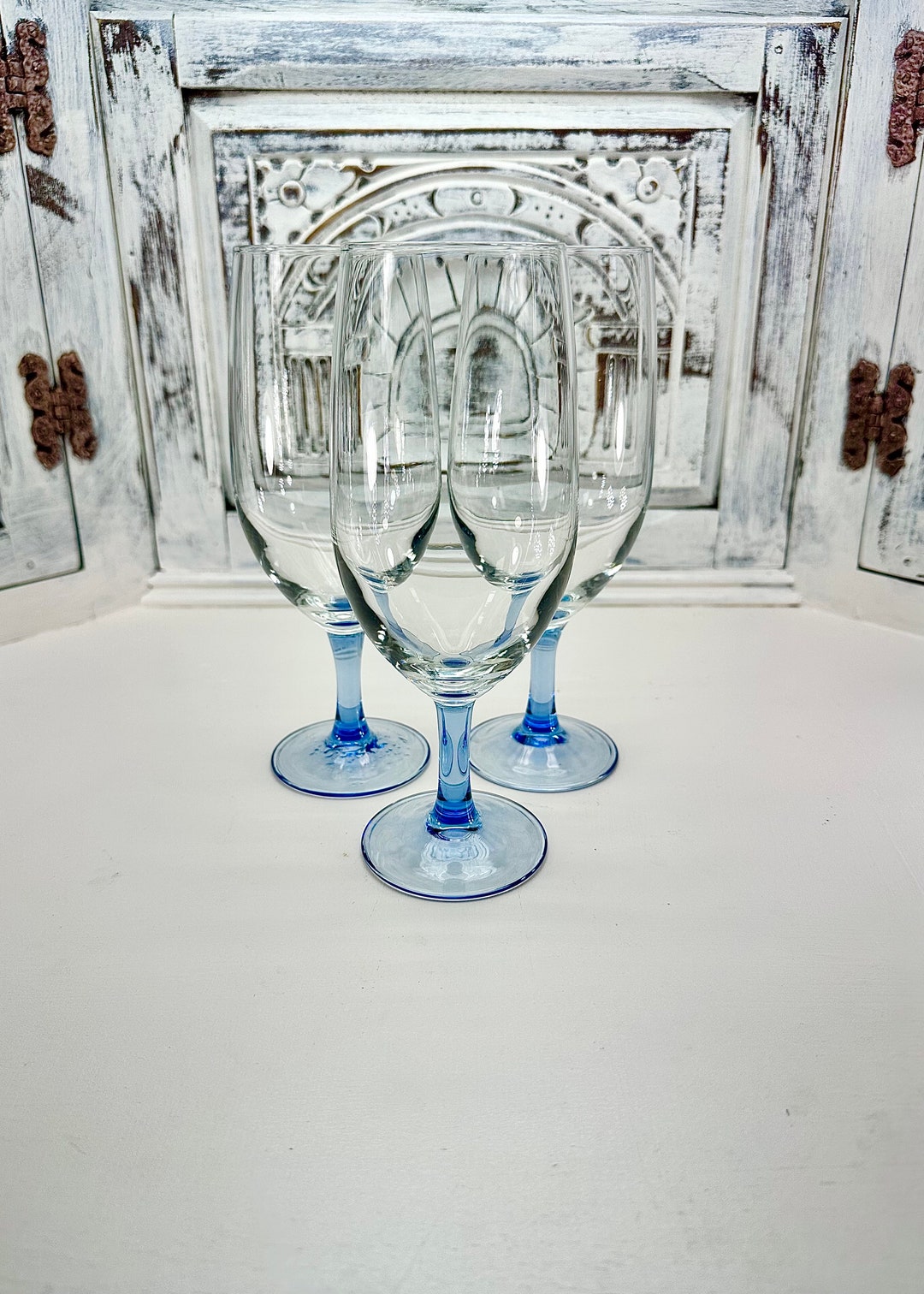 Set of Blue Stemmed Clear Bowl Iced Tea Goblet Glasses by Luminarc ...