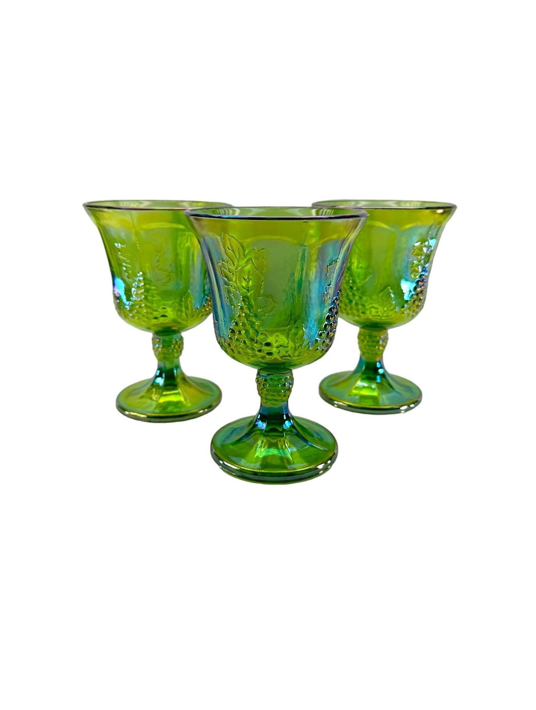 Green Carnival Glass Goblets Set of 3, Colony Green Carnival Glass ...