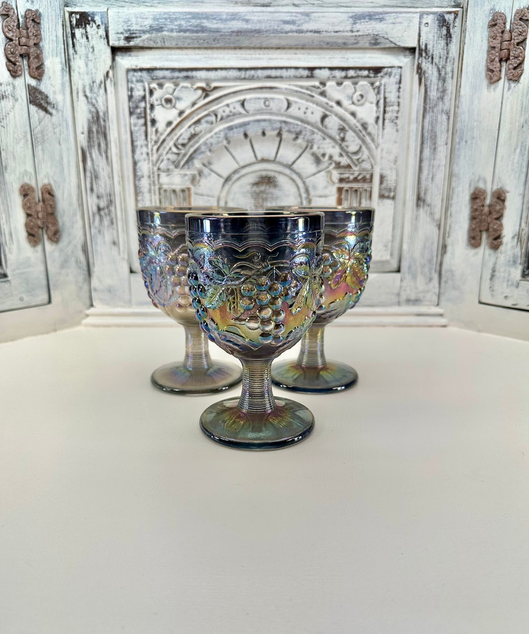 Vintage Blue Carnival Glass Water Goblets by Imperial Glass, Vintage ...