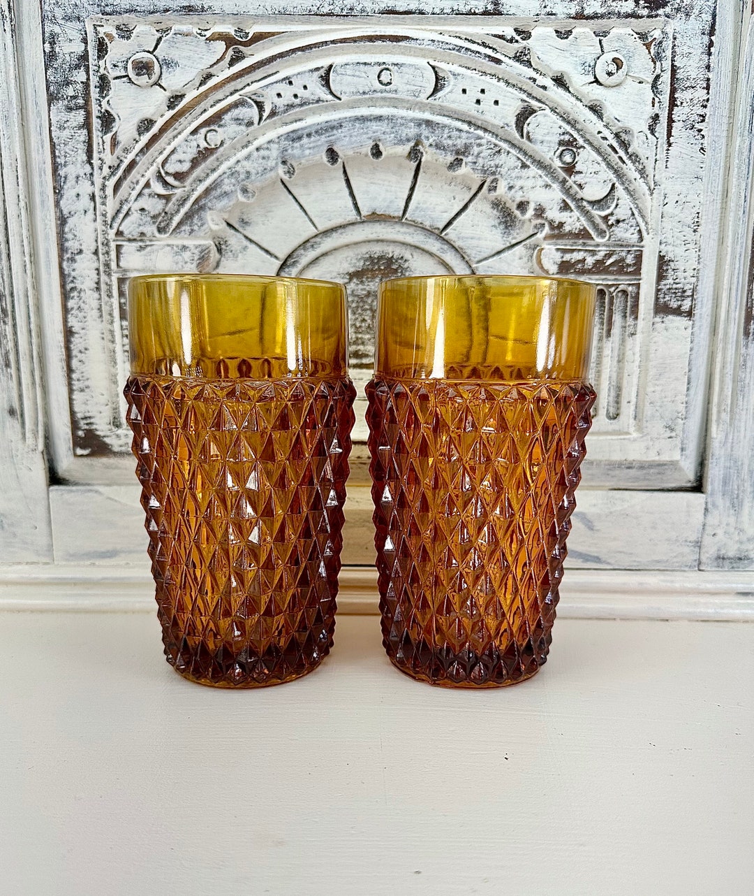 Pair of Amber Glass Cameo/diamond Point Pattern 12oz Tumblers/glasses ...