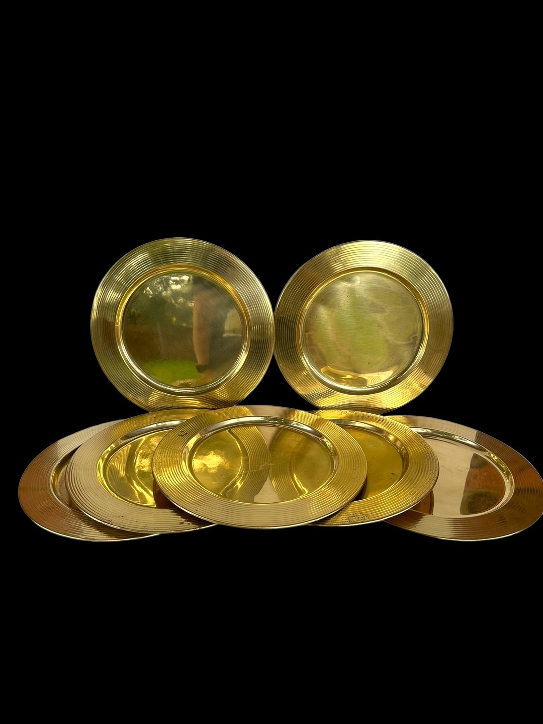 7 Vintage Ribbed Solid Brass Charger Plates, 7 Gold Metal Decorative ...