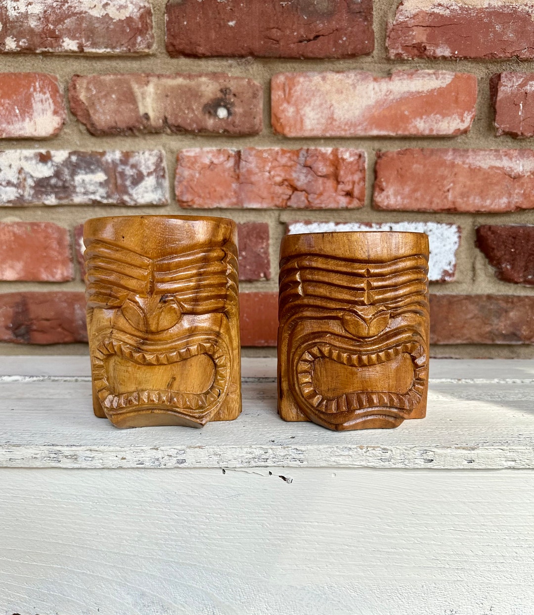 Hand Carved Wood Tiki Mugs, Polynesian Wood Carved Mugs - Etsy