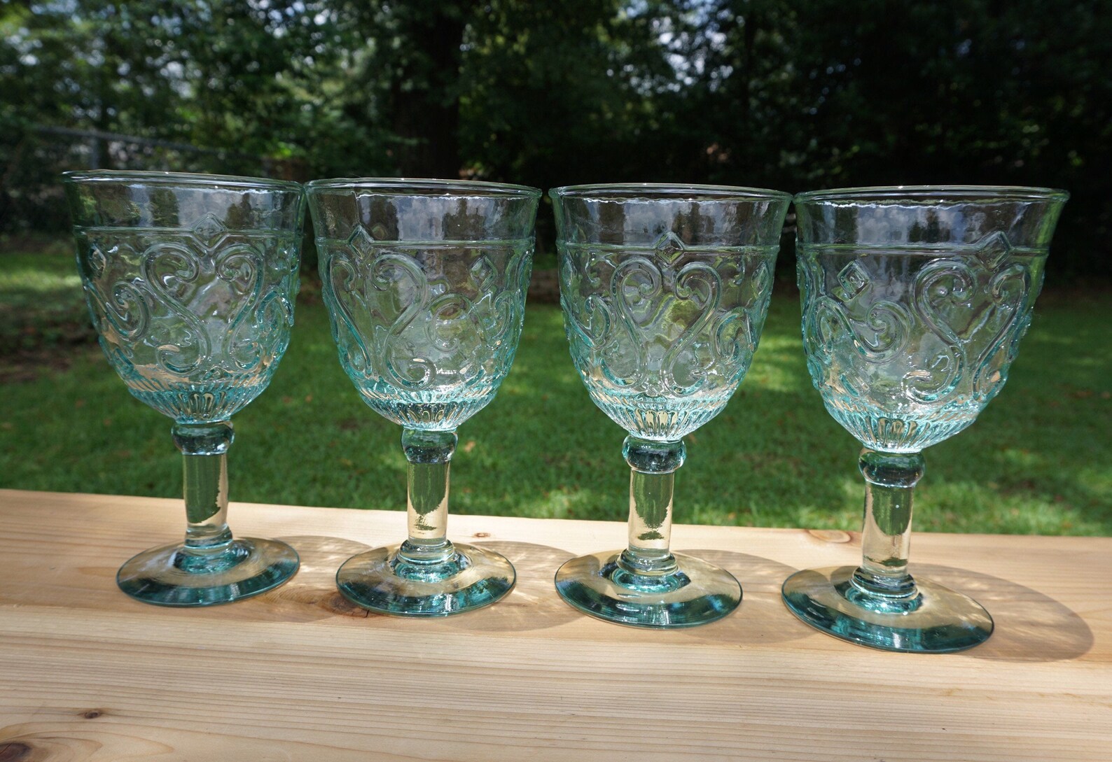 Boho Chic Green Tint Water Goblets With Scroll Design Set of | Etsy