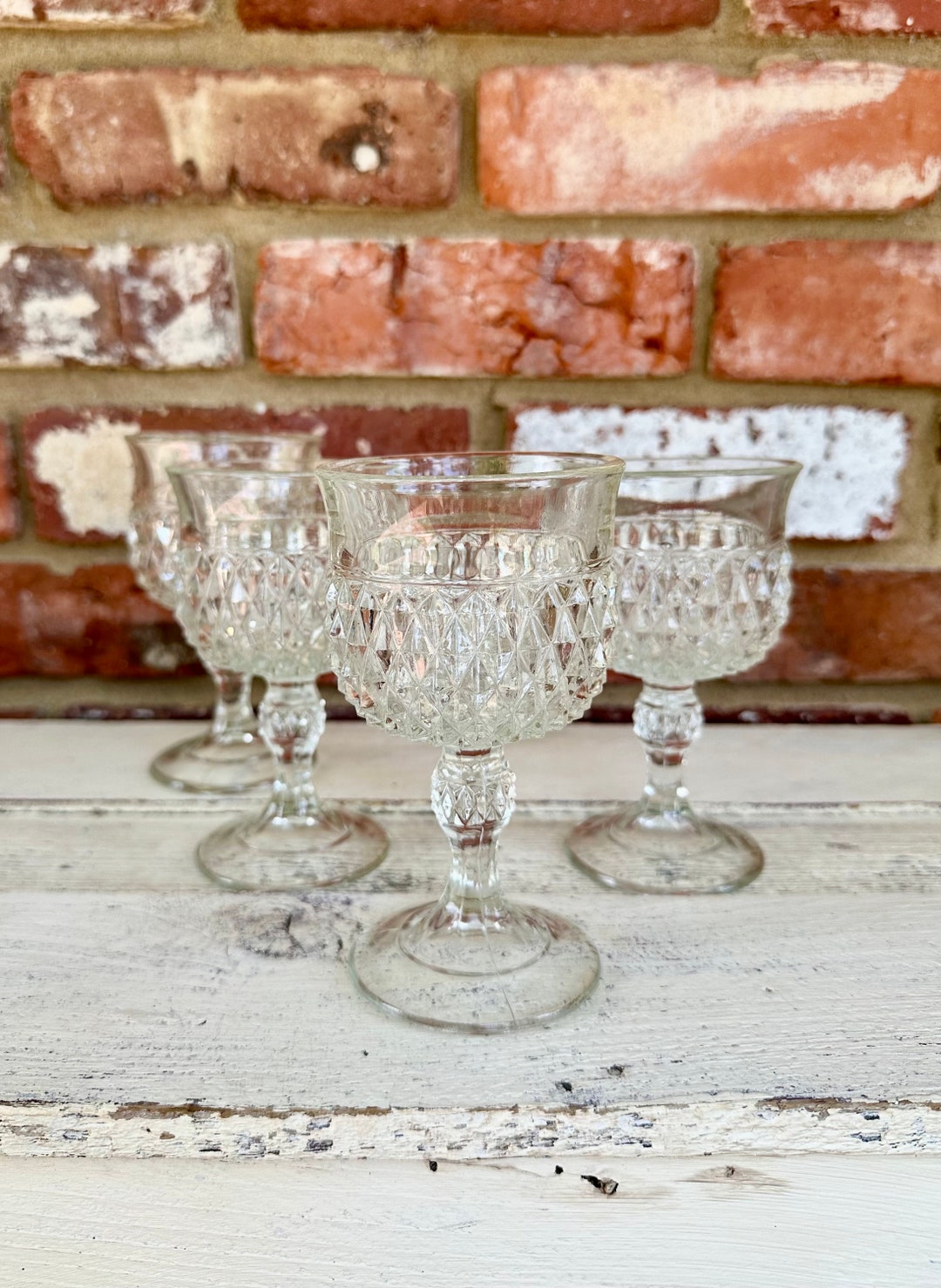 Set of 4 Diamond Point Goblets, Vintage Diamond Point Stemware, Tiara ...
