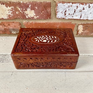 Floral Carved Wood With Bone Inlay Lidded Box, Carved Wood Jewelry Box ...