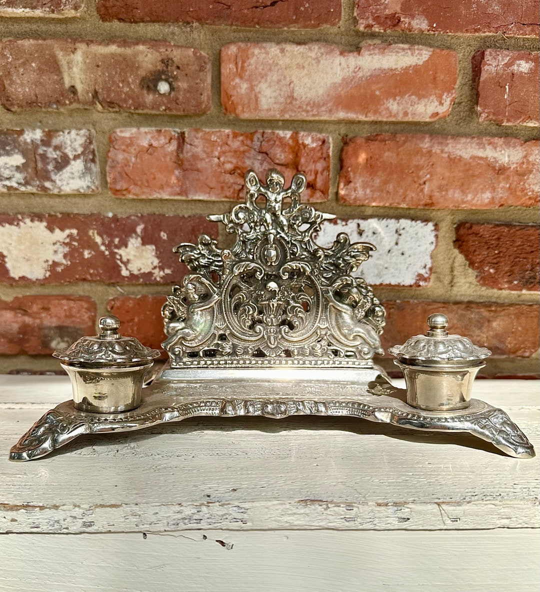 Vintage Silverplate Letter Rack With Double Inkwells, Letter Holder ...