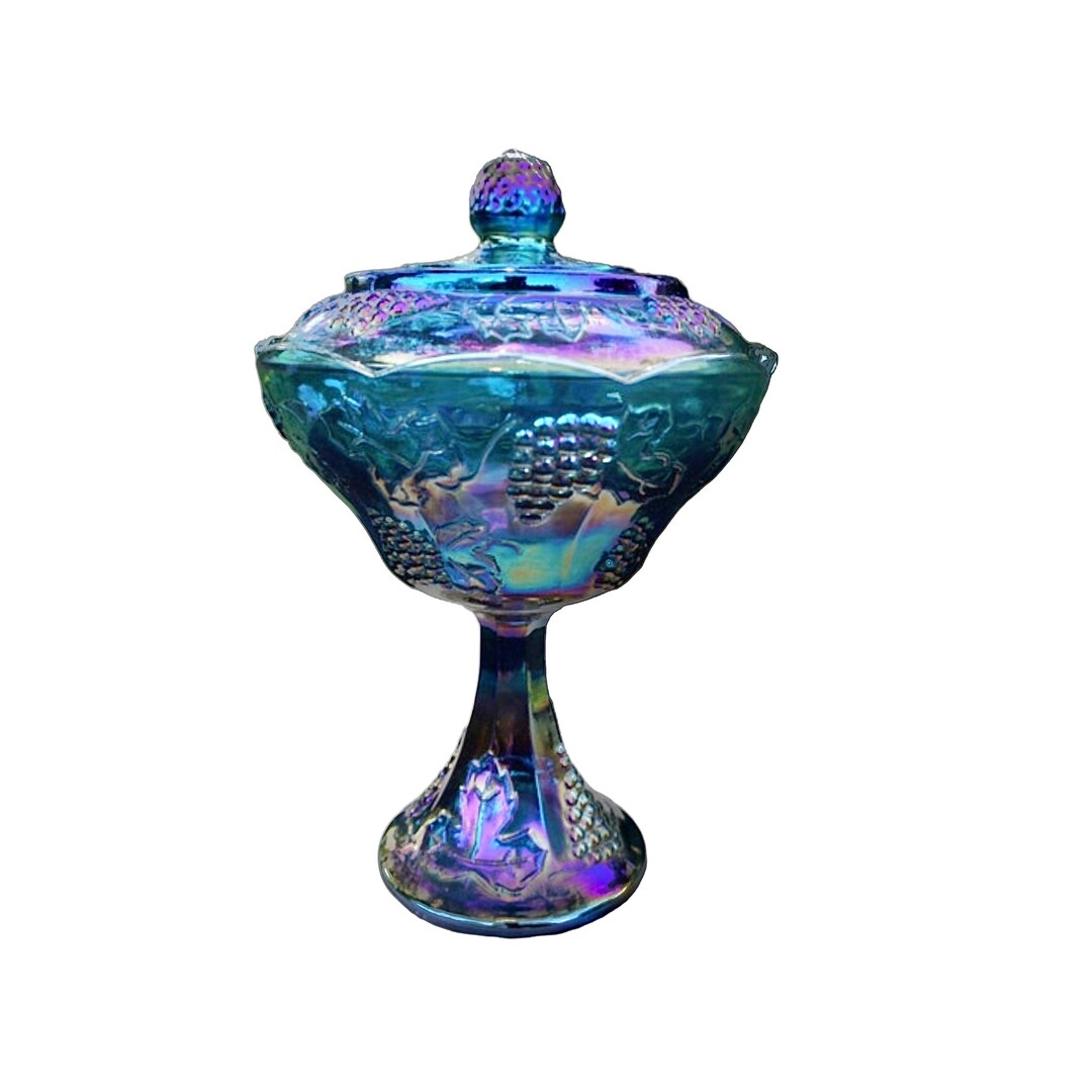 Blue Carnival Glass Compote With Lid - Etsy