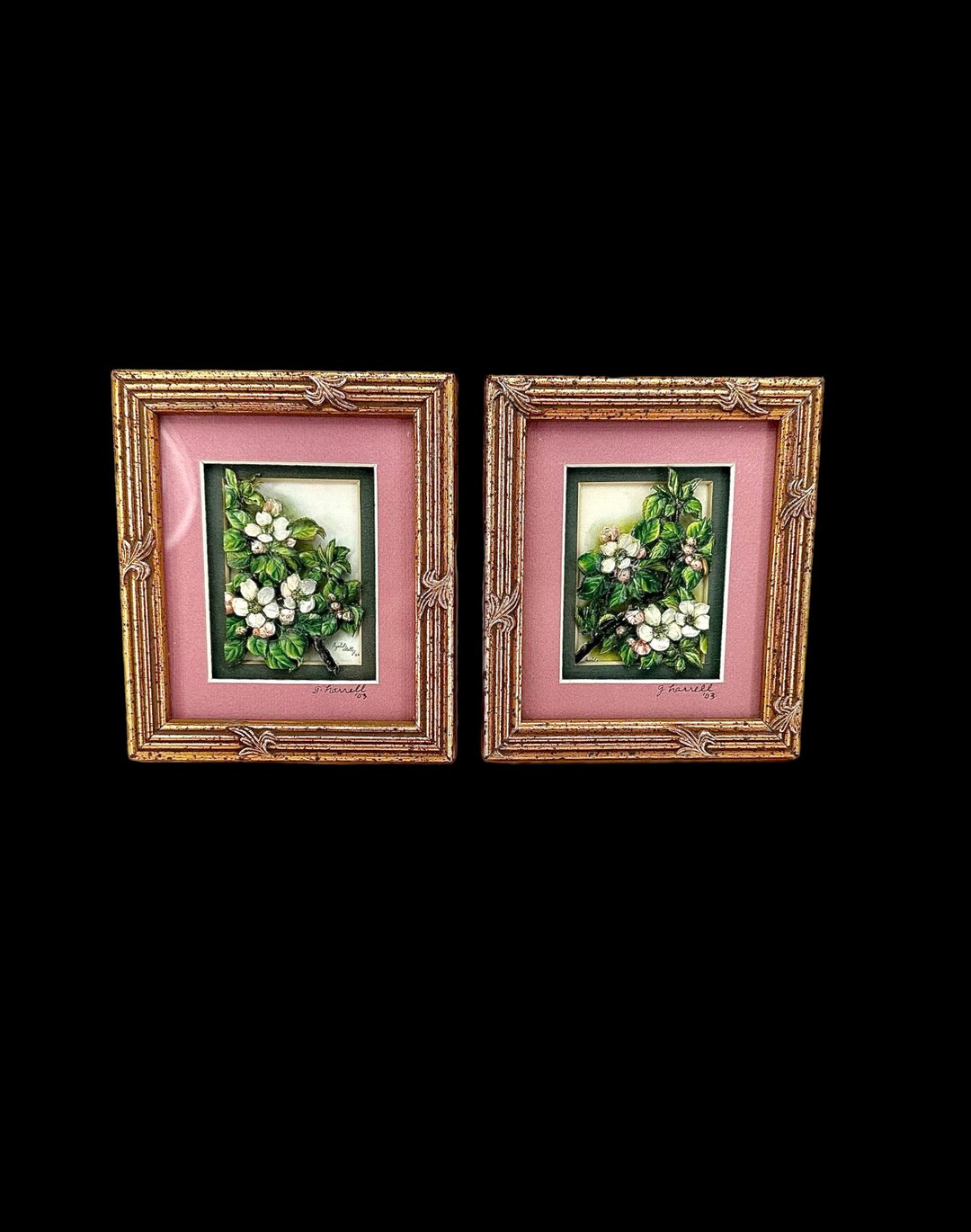 Pair Vintage Crystal Skelley Framed 3D Floral Wall Art, Floral Wall Art ...