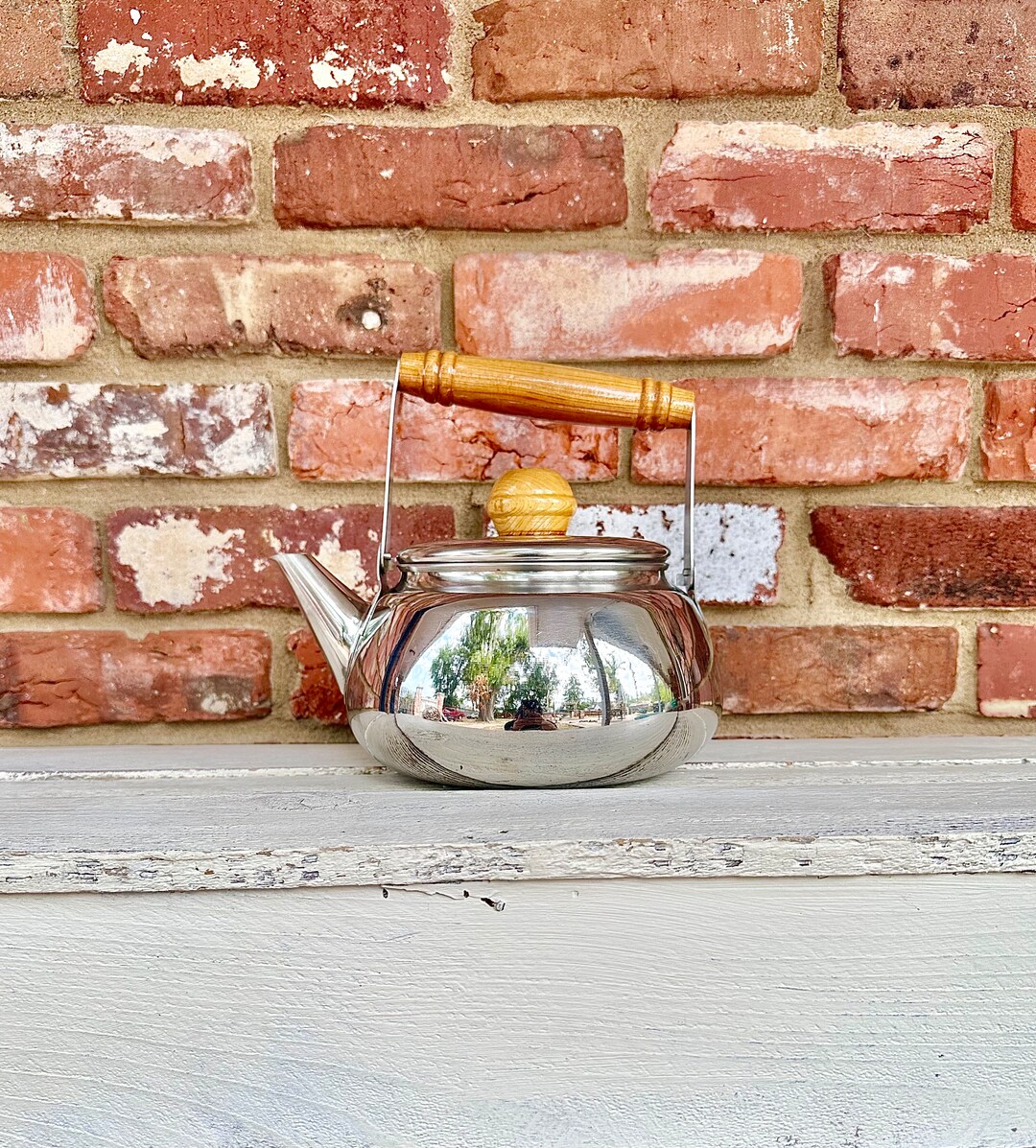 Vintage 80s Stainless Steel Kettle With Wood Handle Retro - Etsy