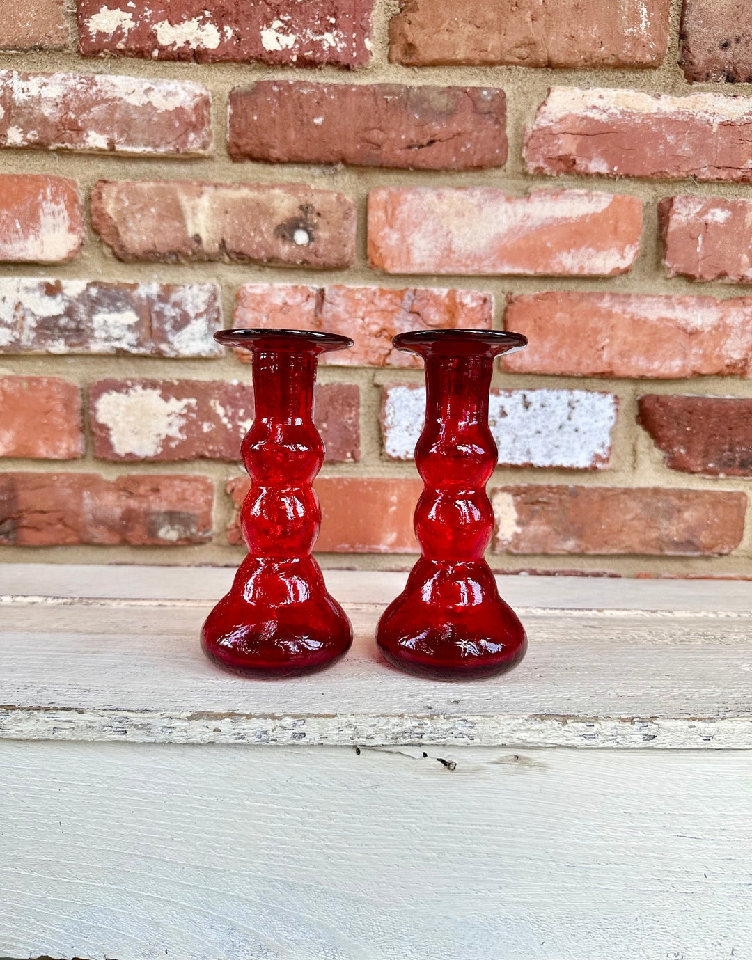 Pair of Ruby Red Cadmium Candlestick Holders, Amberina Candle Holder ...