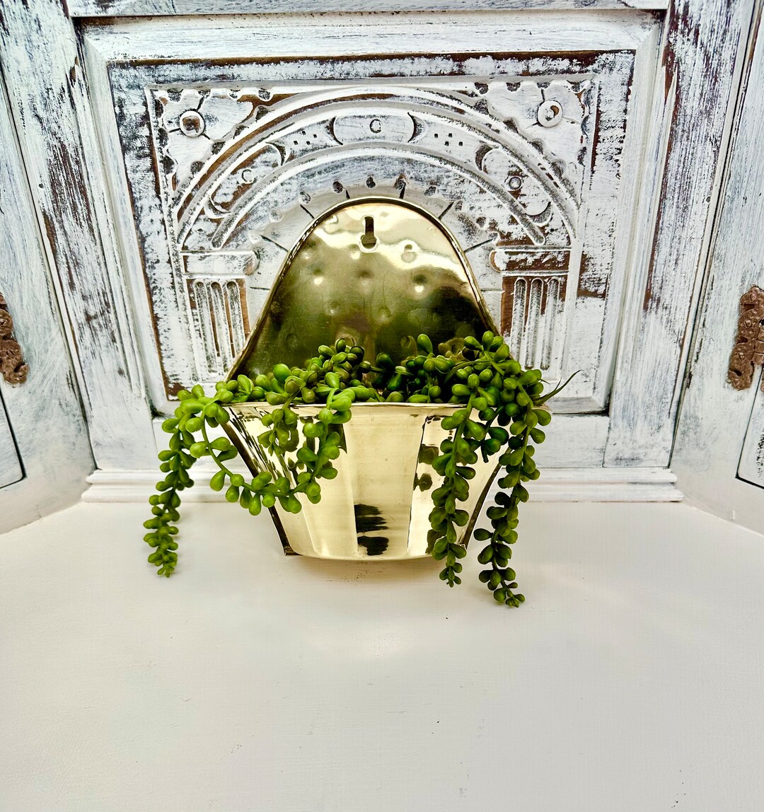 Hammered Brass Wall Pocket, Small Brass Wall Planter, Small Hanging ...