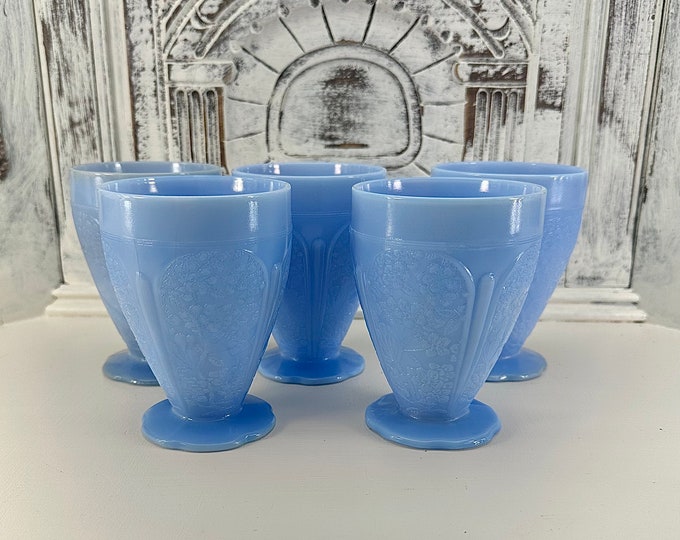 Cherry Blossom Delphite Footed Tumblers by Jeannette Glass Set of 5 ...