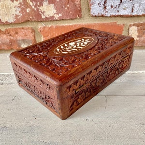 Floral Carved Wood With Bone Inlay Lidded Box, Carved Wood Jewelry Box ...