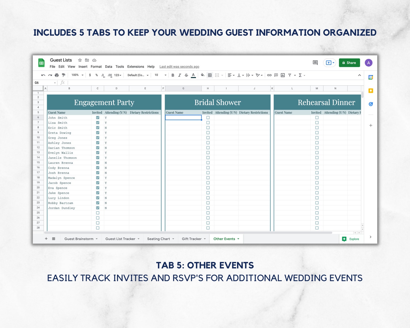 Wedding Guest List Planner Wedding Spreadsheets Wedding - Etsy