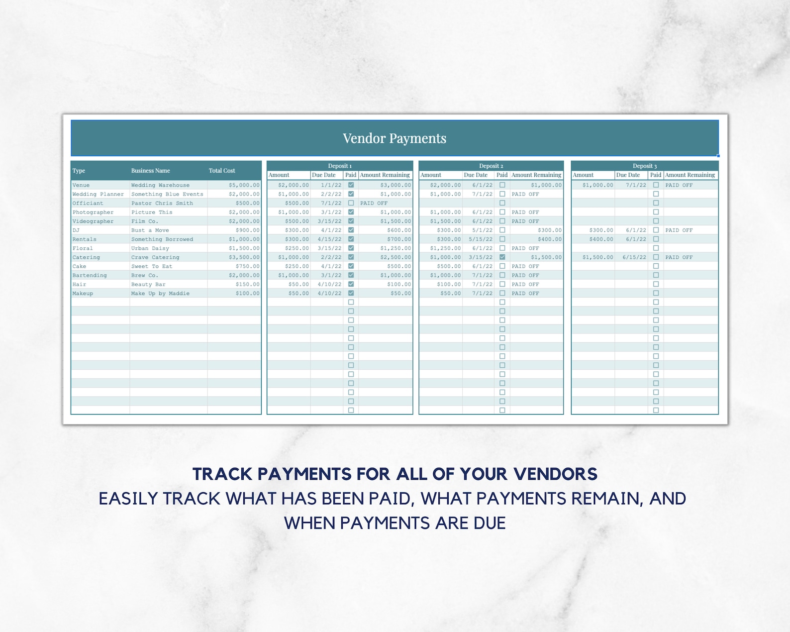 Wedding Vendor Payment Tracker, Wedding Spreadsheets, Wedding Planning ...
