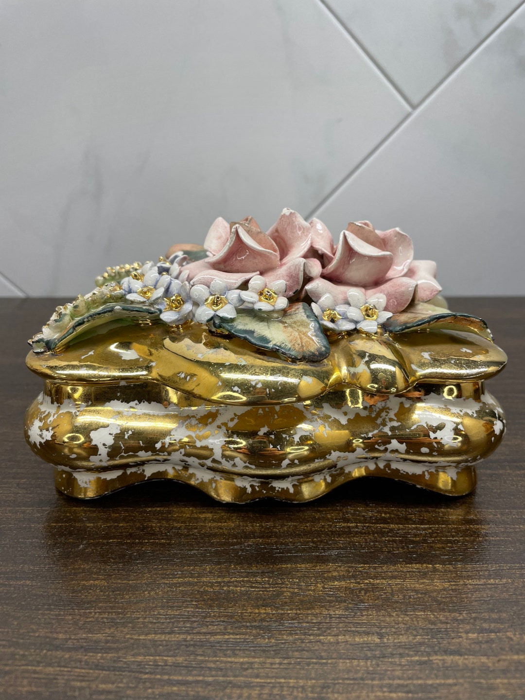 Vintage Pink Rose Trinket Box, Capodimonte Style Jewelry Box, Porcelain ...